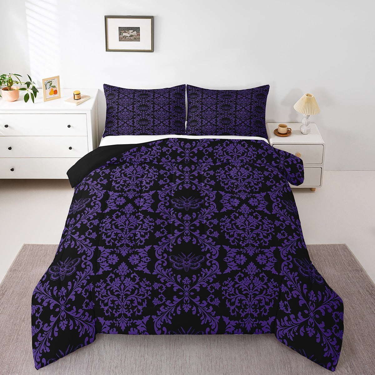 Erosebridal Boho Black Purple Damask Bedding King Comforter Set ...