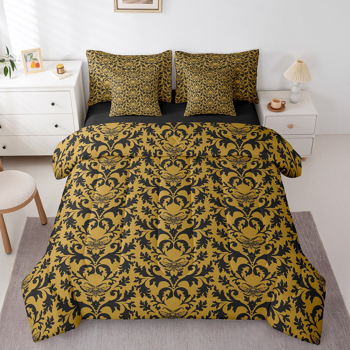 Erosebridal Boho Damask Flower Moth Bedding Full Size, Vintage Baroque ...