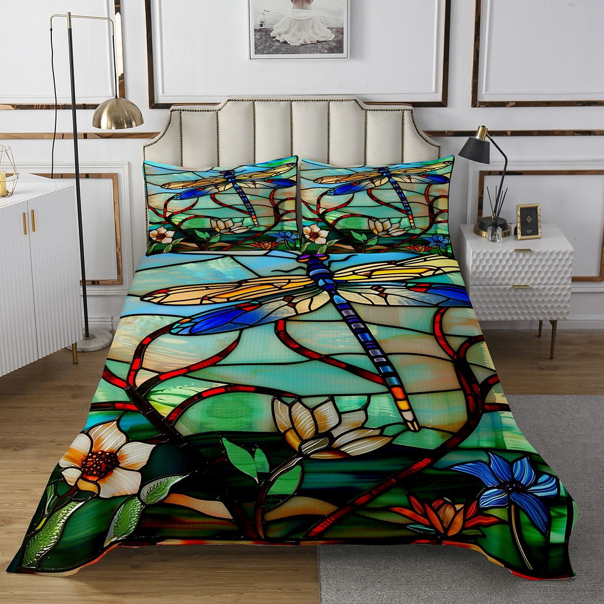 Erosebridal Boho Dragonfly Queen Bedspread Set Exotic Dragonfly Flowers ...