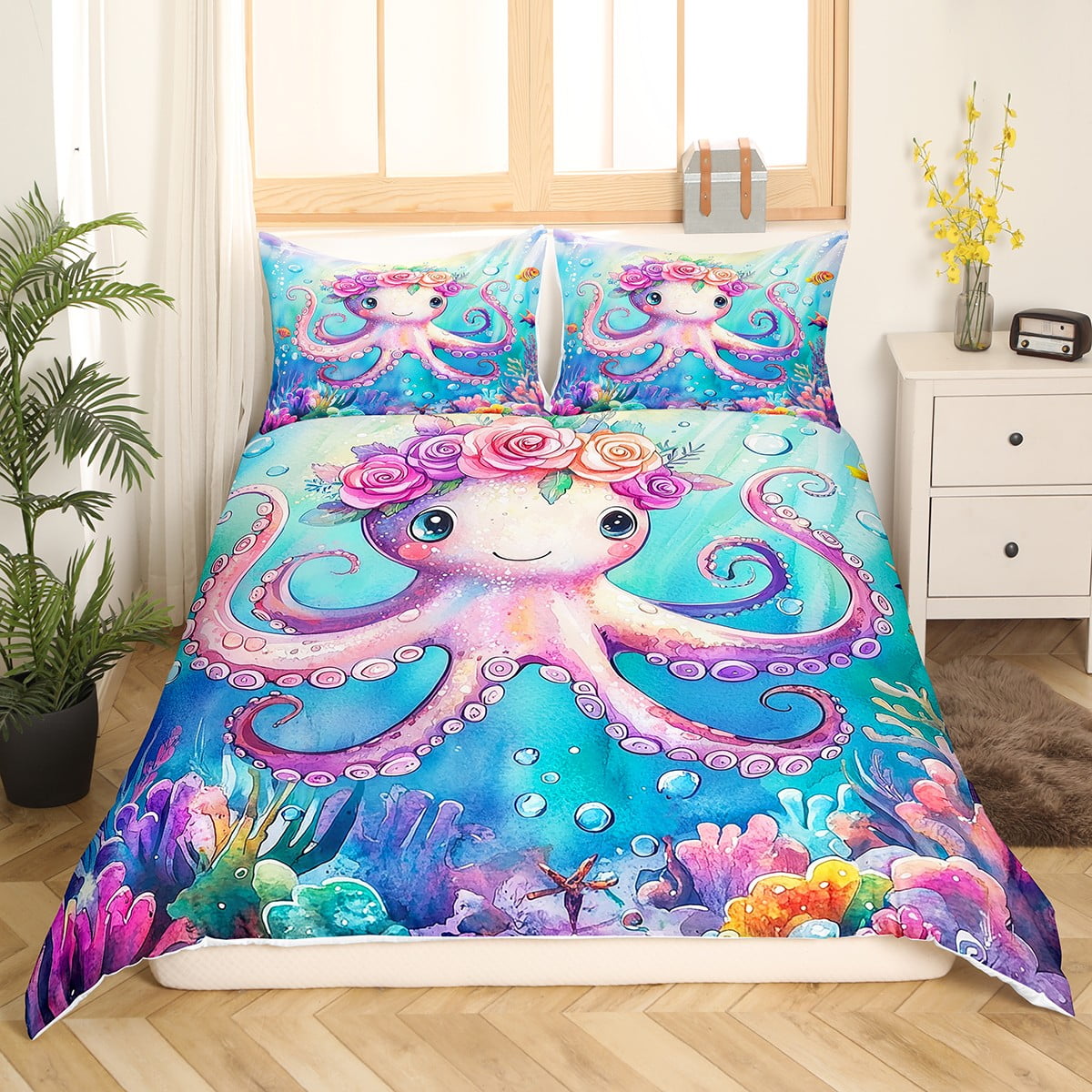 Erosebridal Teen Flower Octopus Comforter Cover Queen,Cartoon Sealife ...