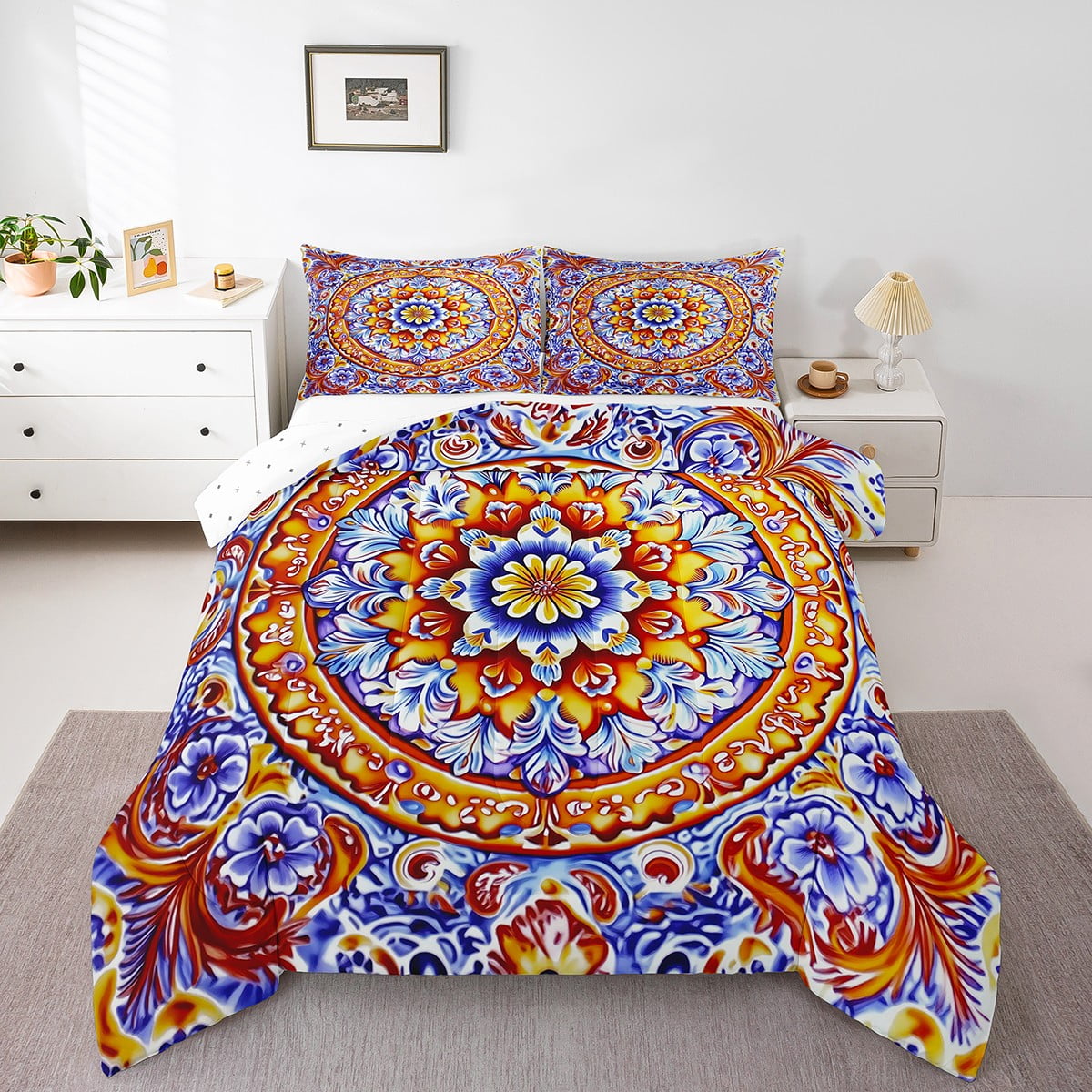 Erosebridal Boho Mandala Comforter Sets King Size Bohemian Floral Down
