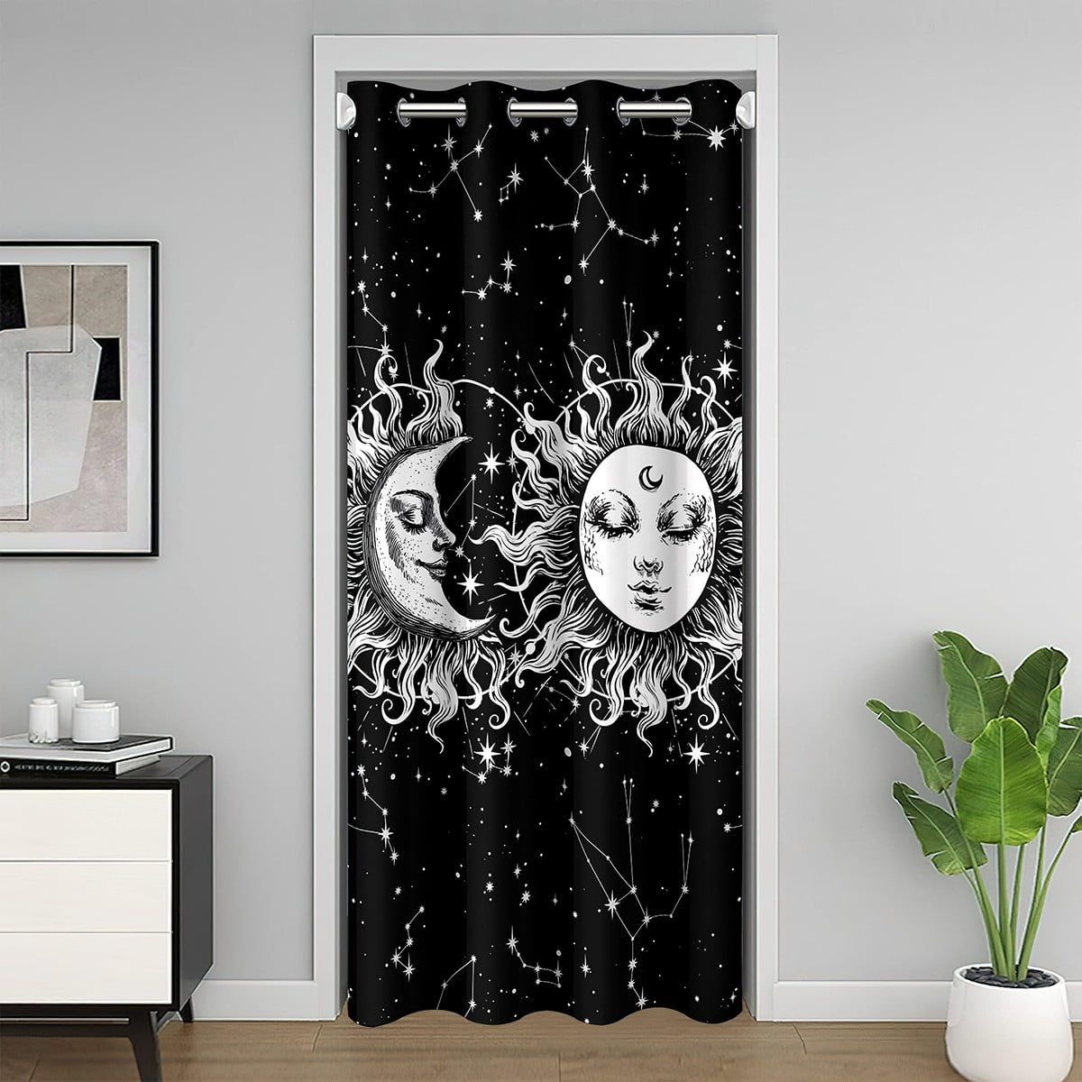 Erosebridal Boho Moon Sun Door Curtain Panel 52x84, Black White Room ...
