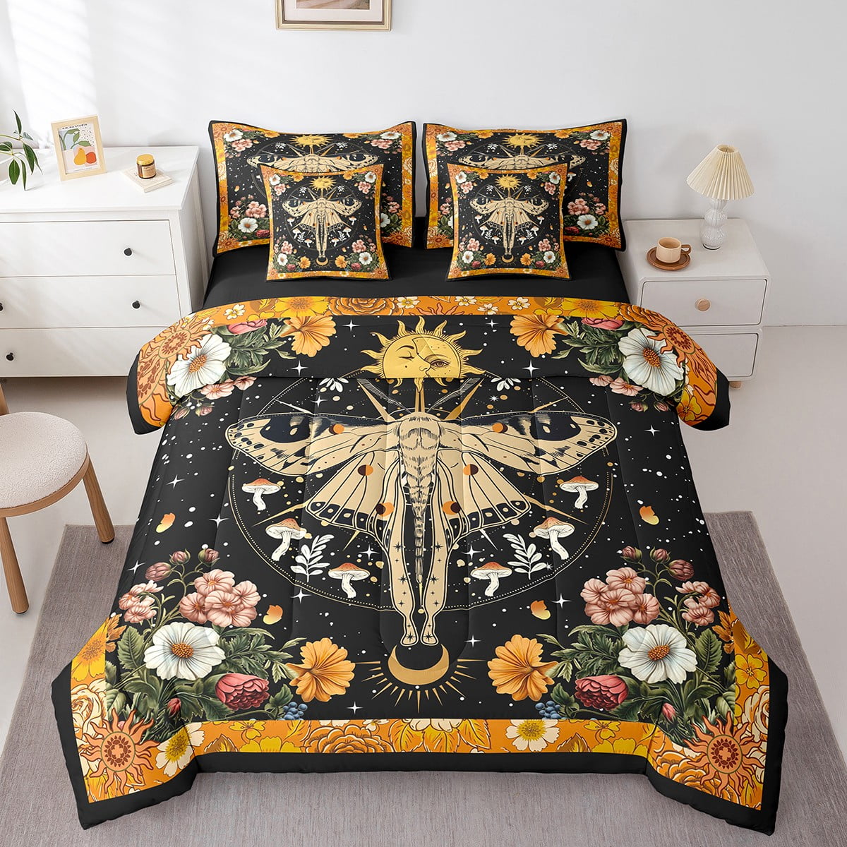 Erosebridal Boho Moth Bedding Queen Size, Galaxy Sun Moon Bed in a Bag ...