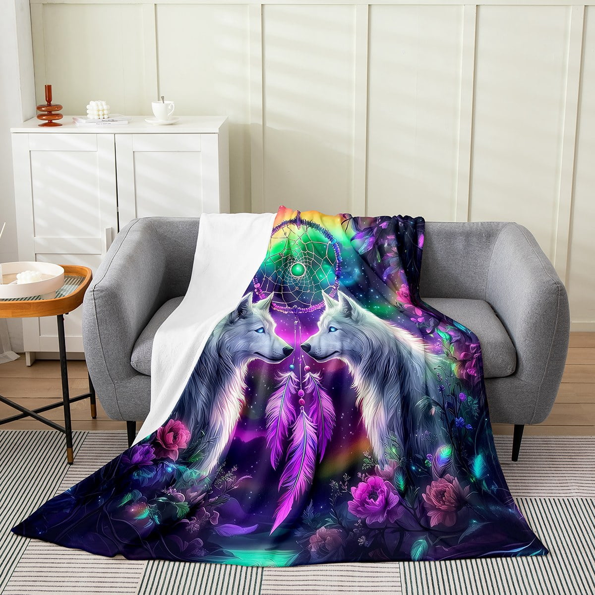Erosebridal Boho Wolf Flannel Blanket, Dreamcatcher Floral Sherpa Throw ...