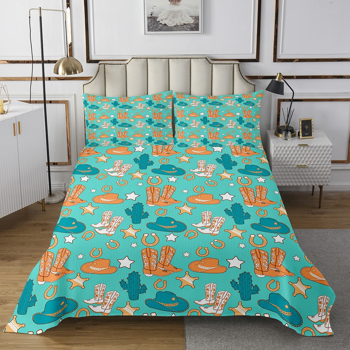 Erosebridal Boots Hats Quilt Sets for King Size Bed,Western Cactus Bed ...