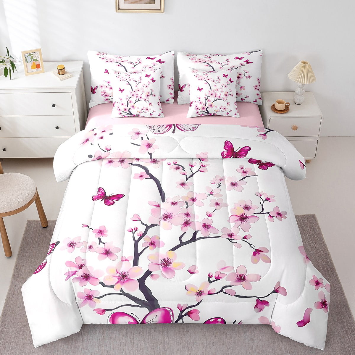 Erosebridal Botanical Cherry Blossoms Bedding King Size, Pink Butterfly ...