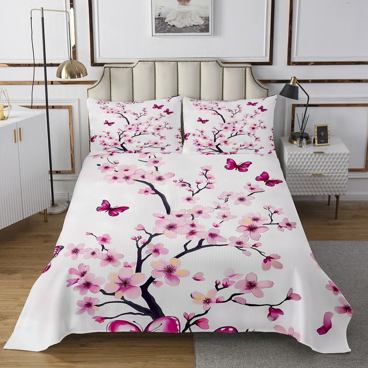 Erosebridal Botanical Cherry Blossoms Coverlet Set Twin, Pink Butterfly ...