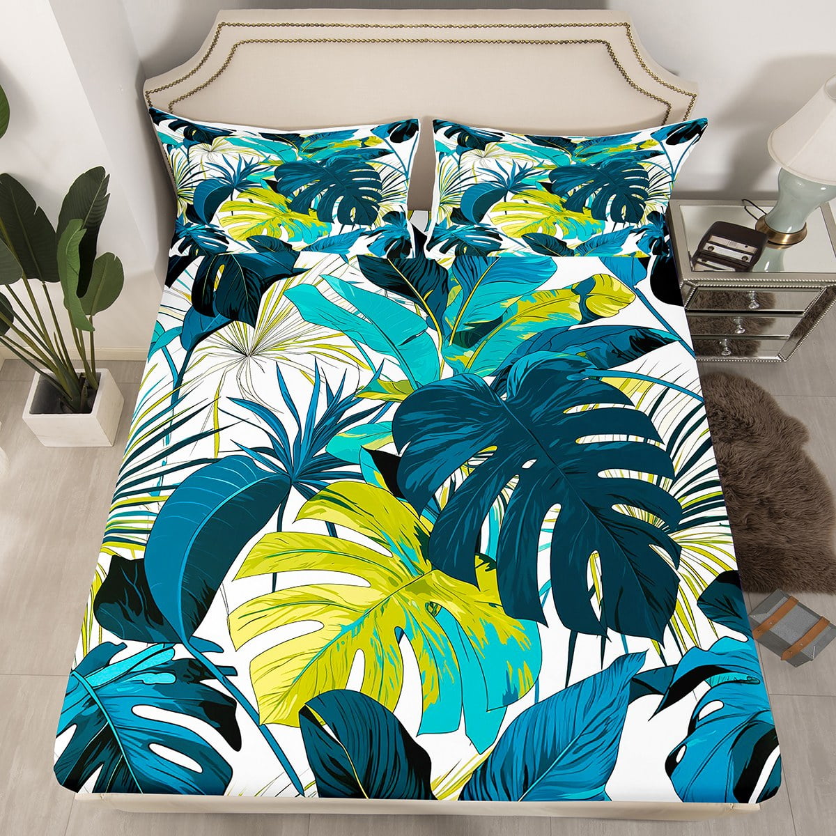 Erosebridal Botanical Palm Tree Fitted Sheet Set Full, Leaves Bedding ...