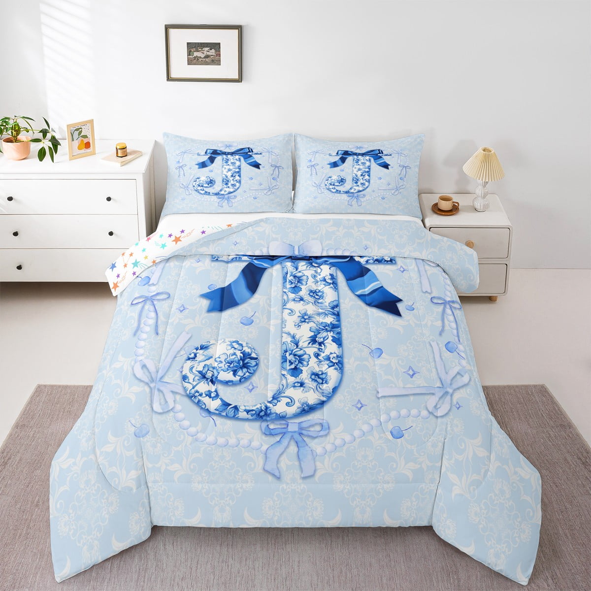 Erosebridal Bow Alphabet Bedding Twin Comforter Set,Blue Flower Down Comforter,Letter ...