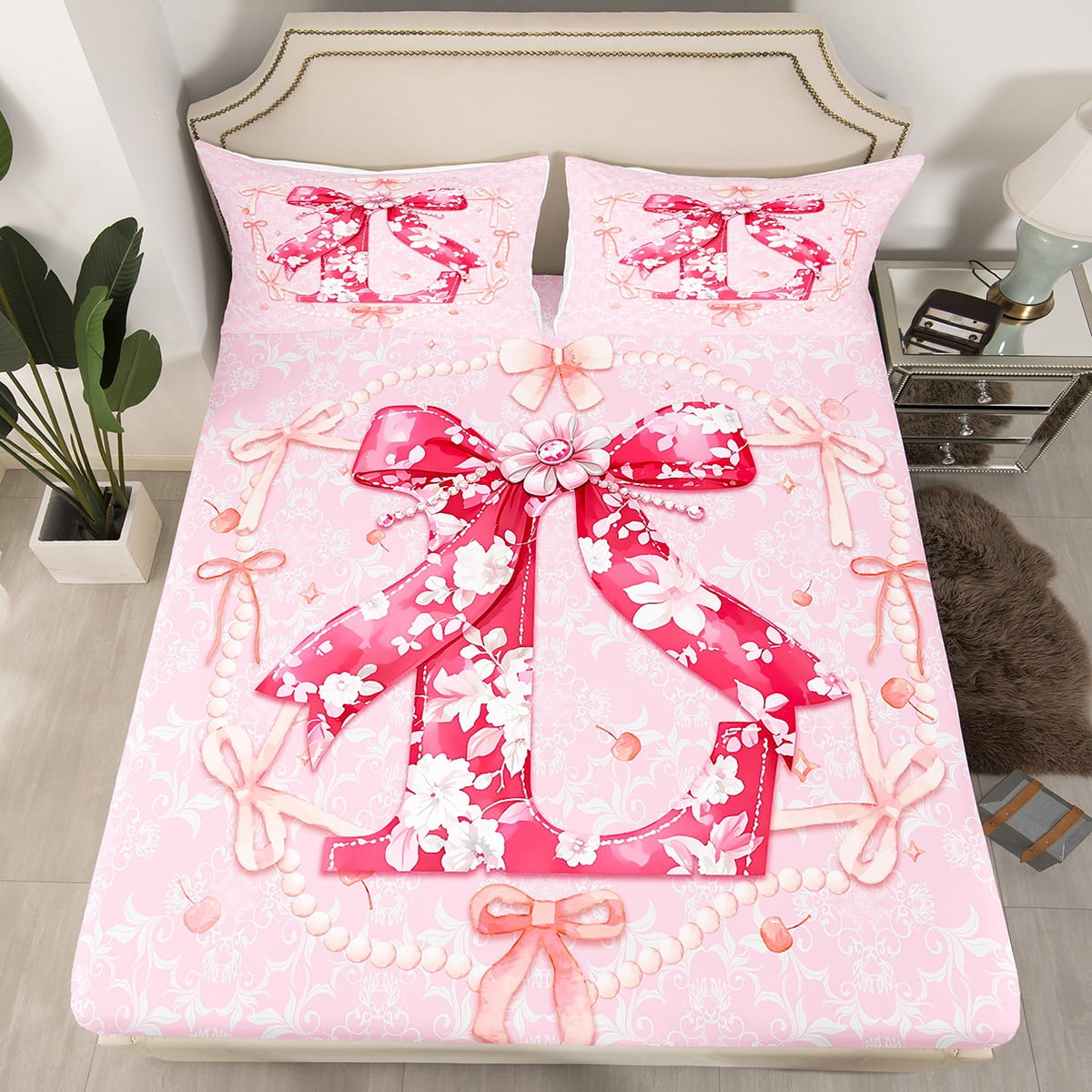 Erosebridal Bow Alphabet Fitted Sheet Full,Red Flower Bedding Set Full ...