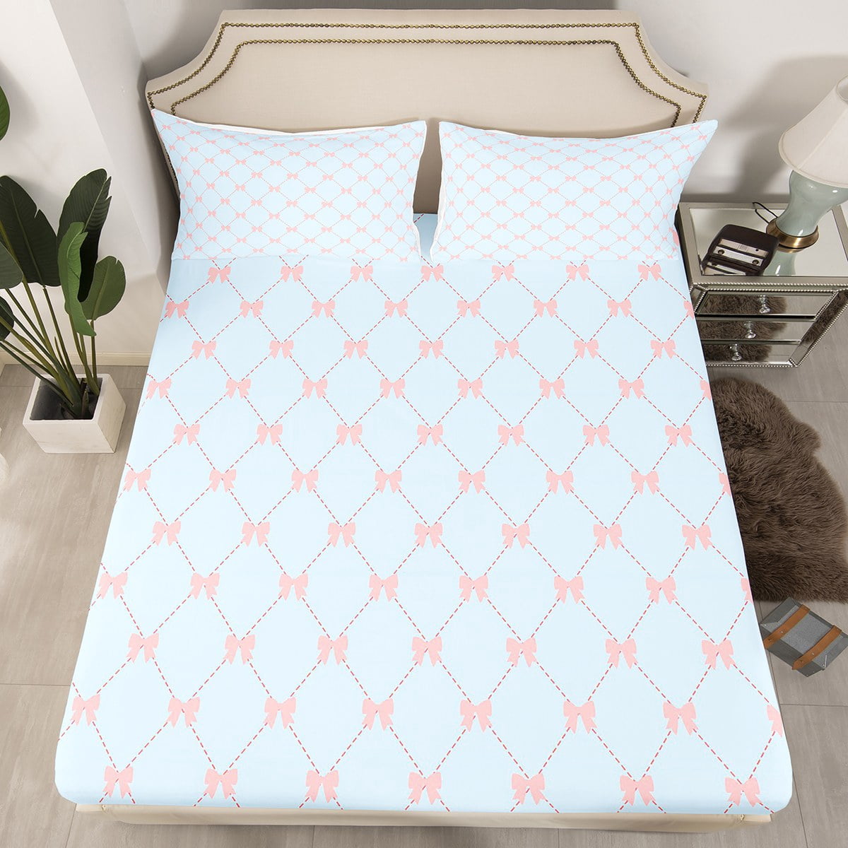 Erosebridal Bow Bed Sheets Blue Pink Girly Bow Fitted Sheet Cute ...