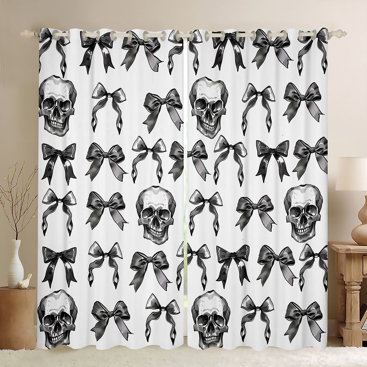 Erosebridal Bow Ribbon Curtains Pack of 2 (38x54), Black Grey Curtains ...