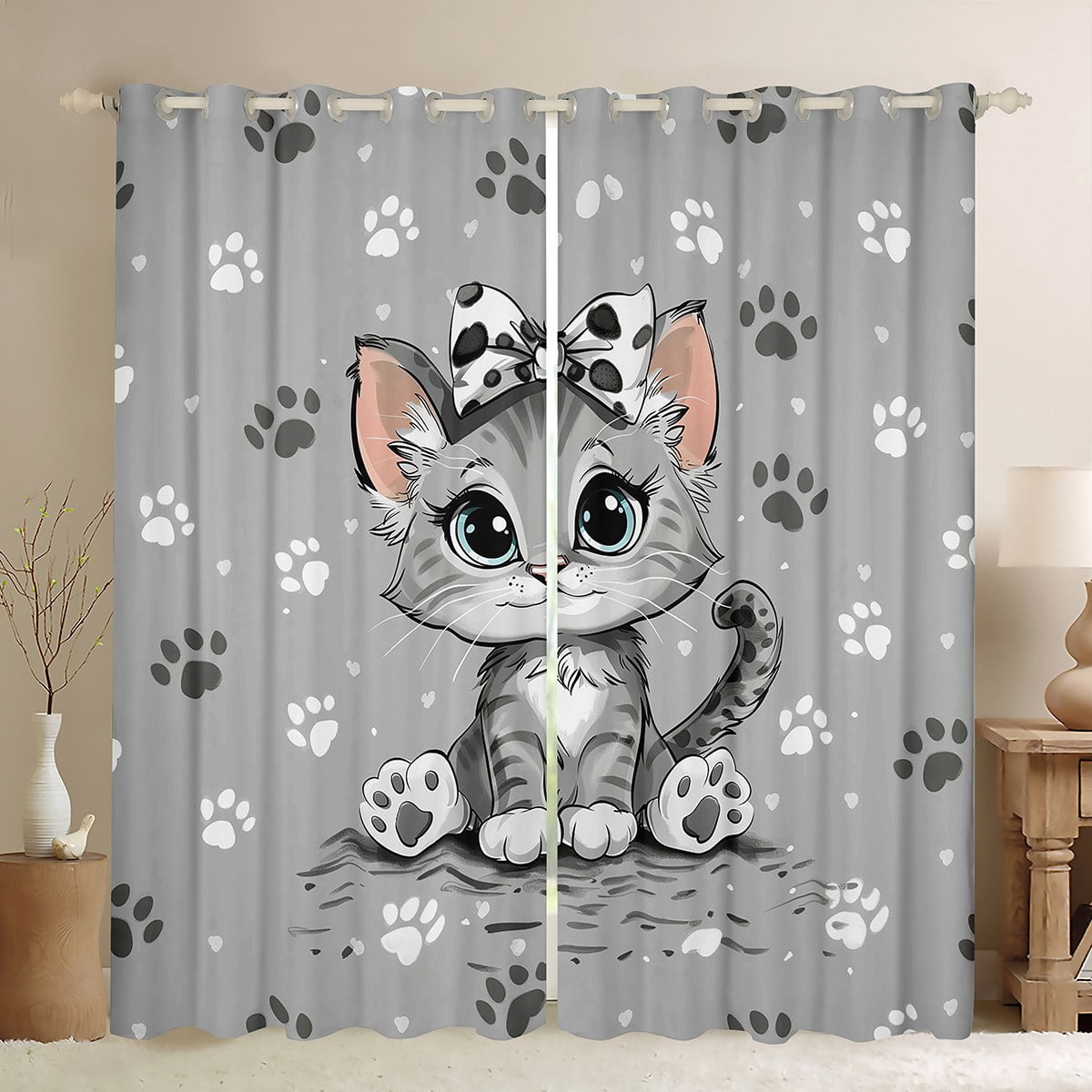 Erosebridal Bowknot Cat Curtains Pack of 2 (38x54), Cute Animal Paw 30% ...
