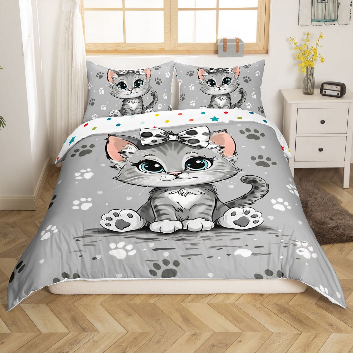 Erosebridal Bowknot Cat Duvet Cover Queen, Cute Animal Paw Bedding Sets ...