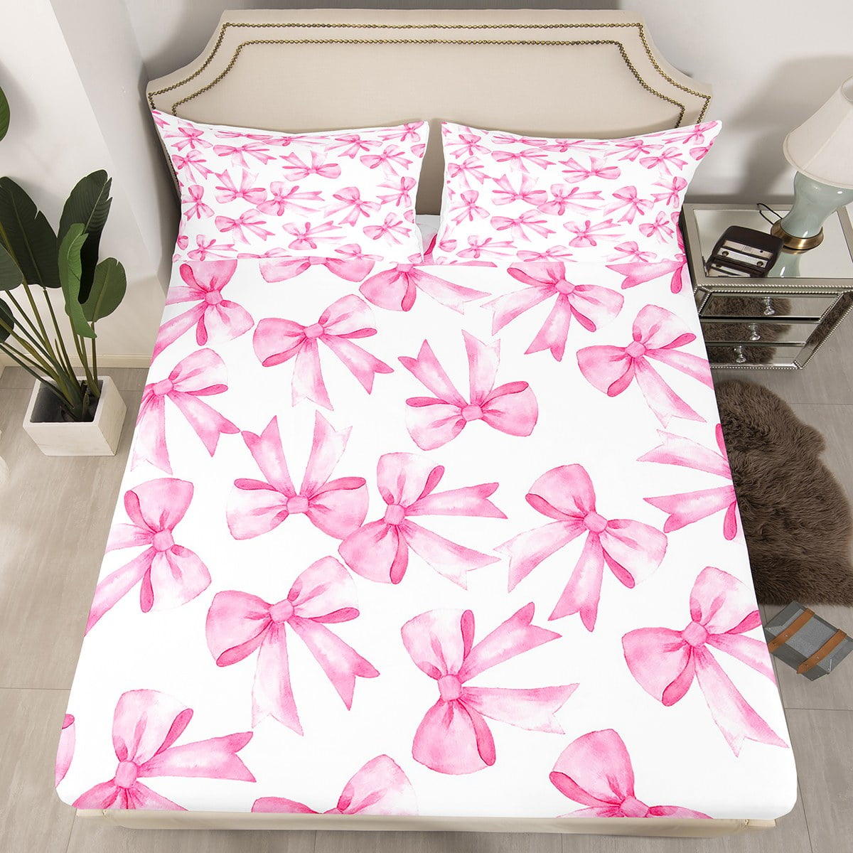 Erosebridal Bowknot Decor Fitted Sheet Pink Bow Tie Bed Sheets Princess ...