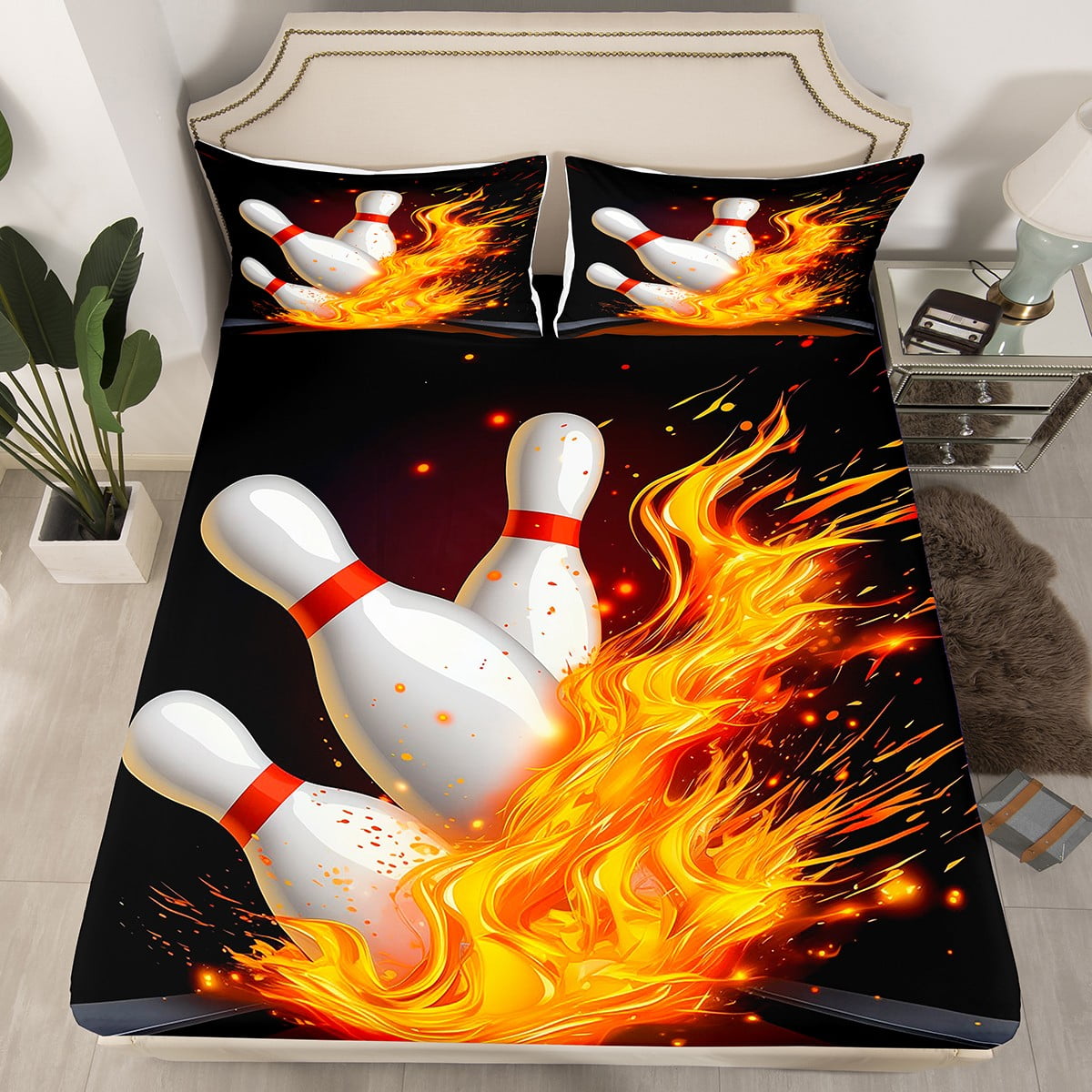 Erosebridal Bowling Sport Fitted Sheet Twin, Cartoon Fire Fitted Sheet ...