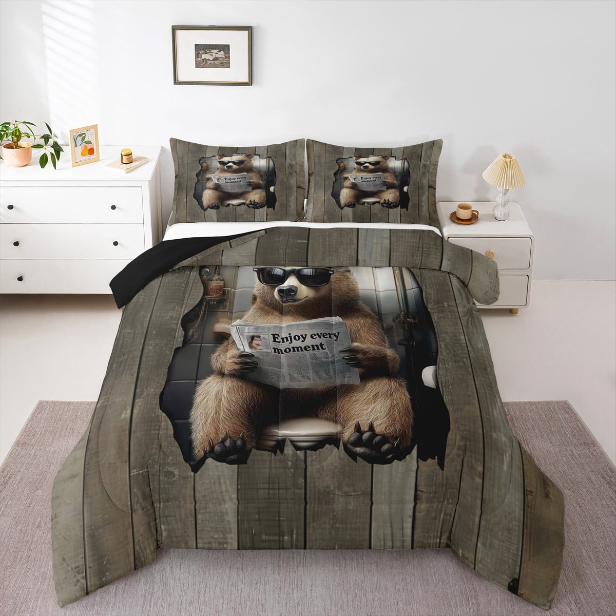 Erosebridal Brown Bear Bedding Sets Full with Comforter, Wooden Plank ...