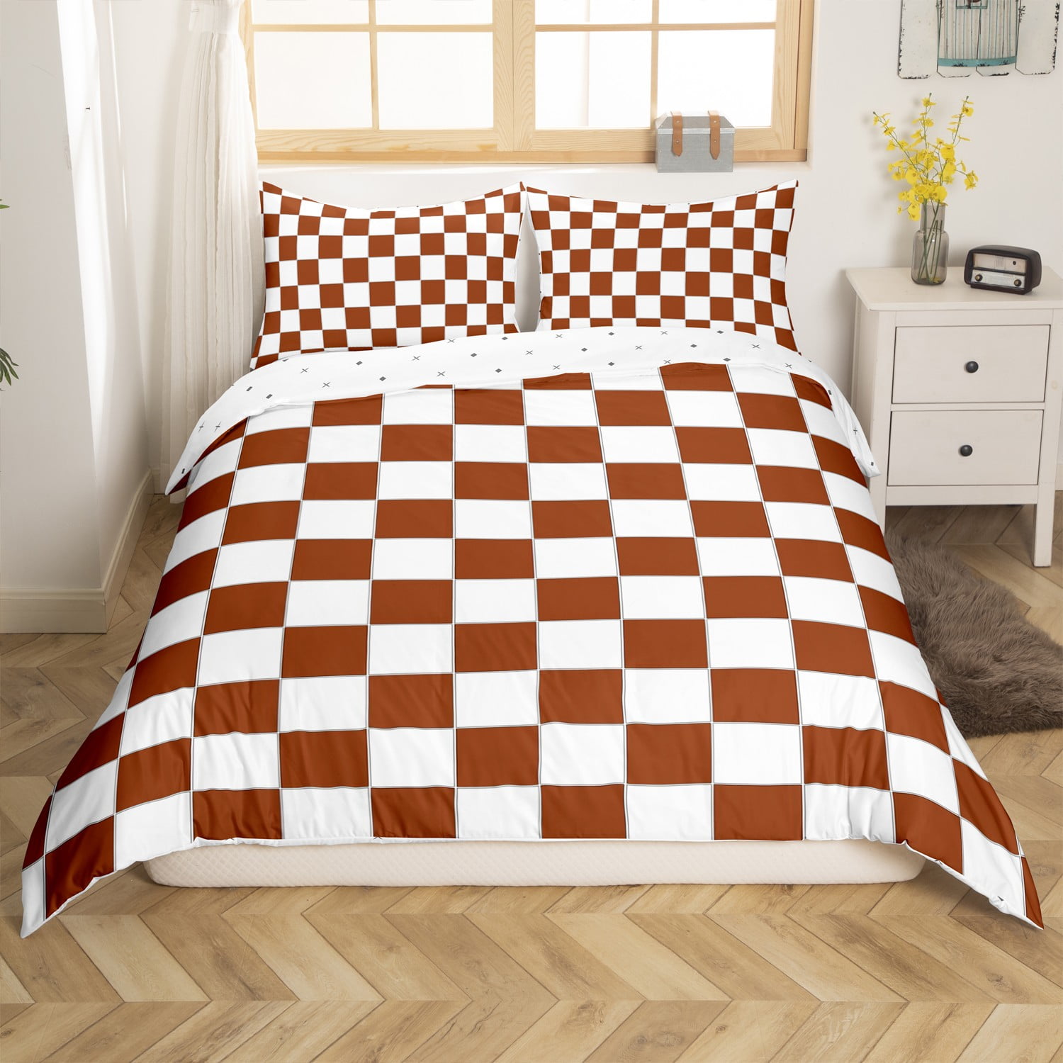 Erosebridal Brown Checkered Comforter Cover Twin White Coffee ...