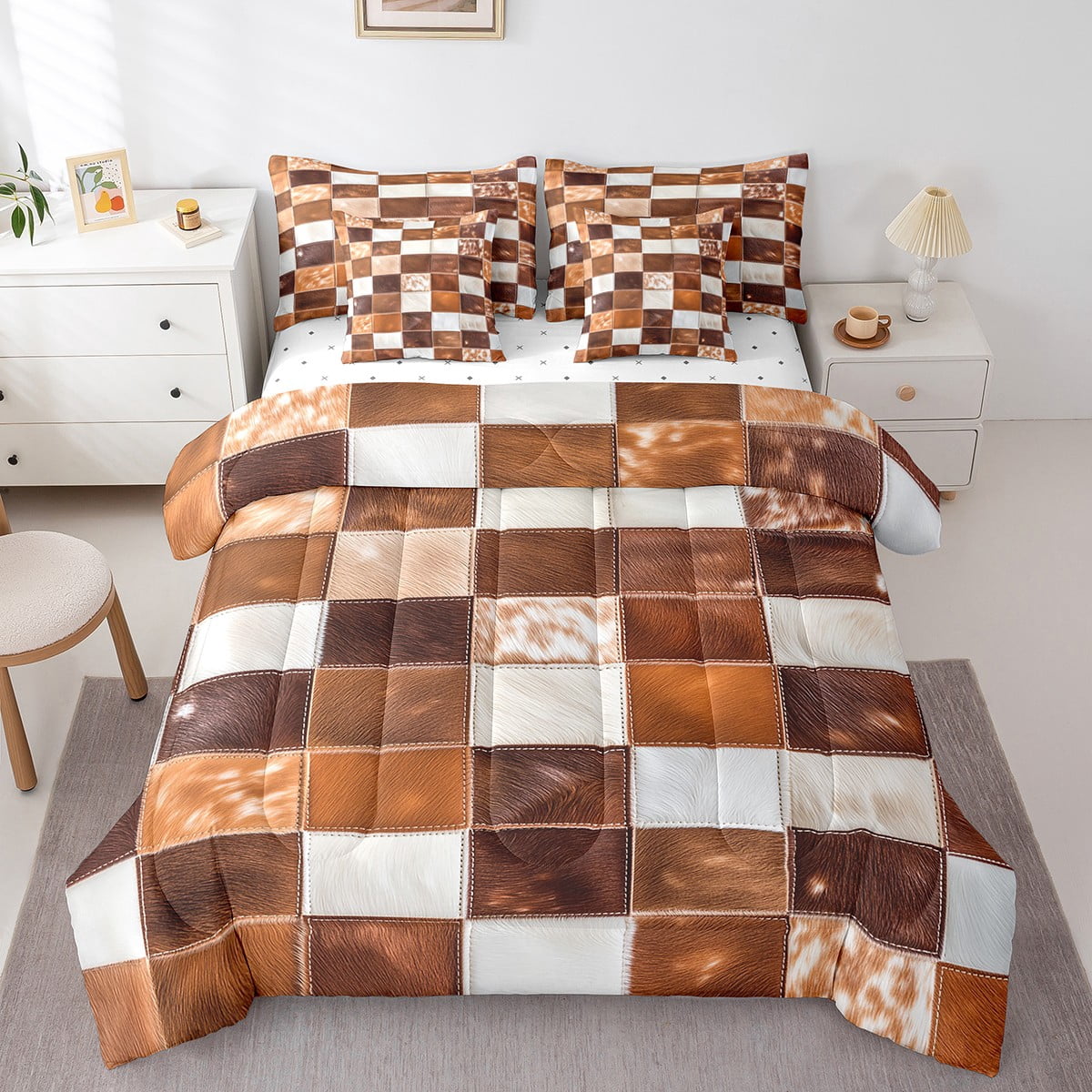 Erosebridal Brown Cow Print Bedding Sets King Size, Cowhide Patchwork ...