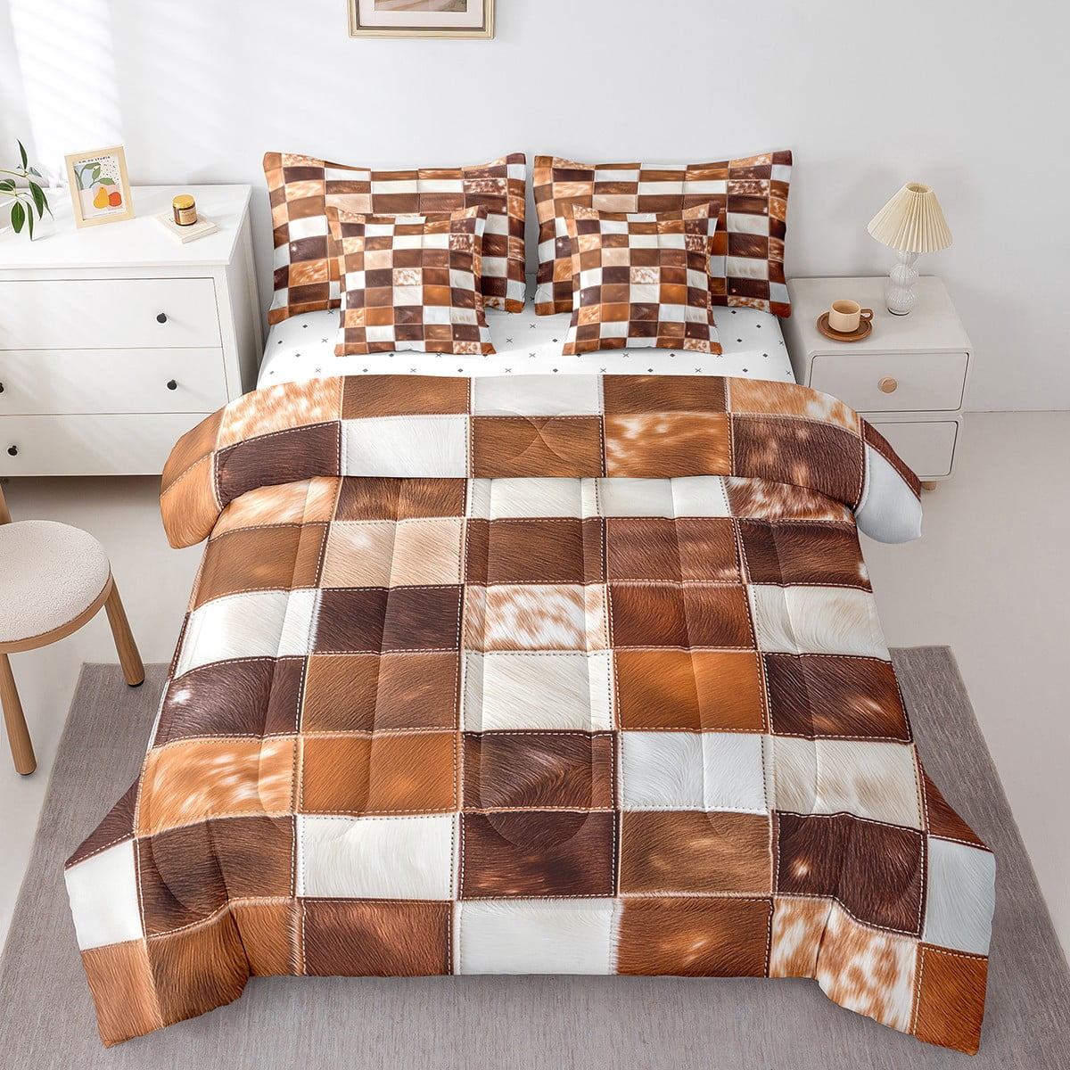 Erosebridal Brown Cow Print Bedding Sets Queen Size, Cowhide Patchwork ...