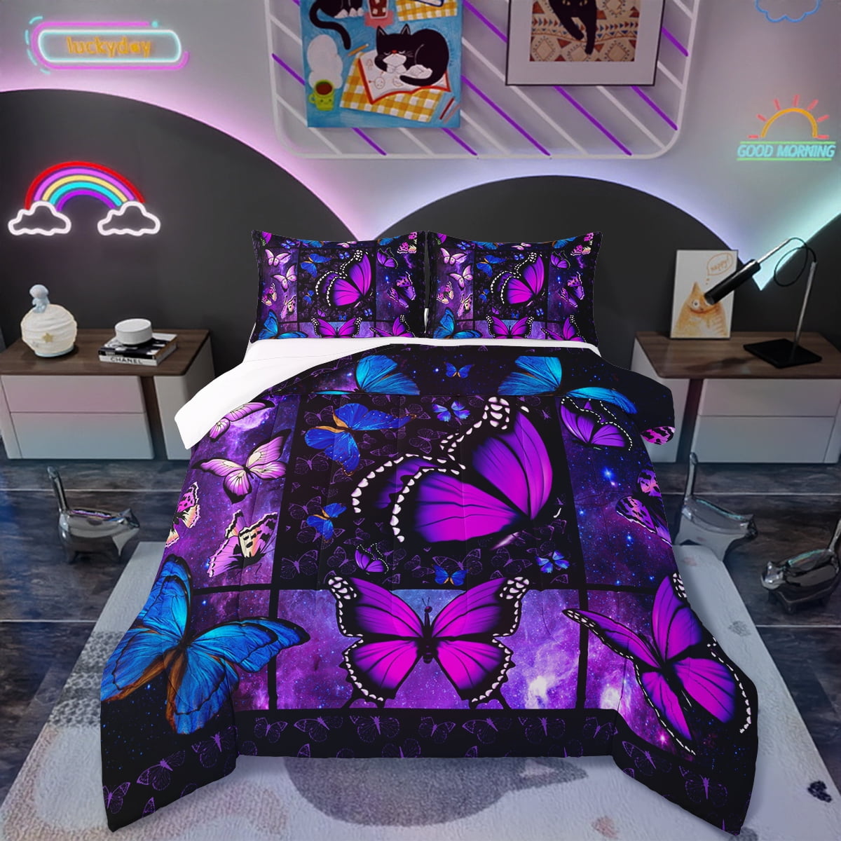 Erosebridal Butterfly Comforter Set, Starry Sky Galaxy Bedding, Blue ...