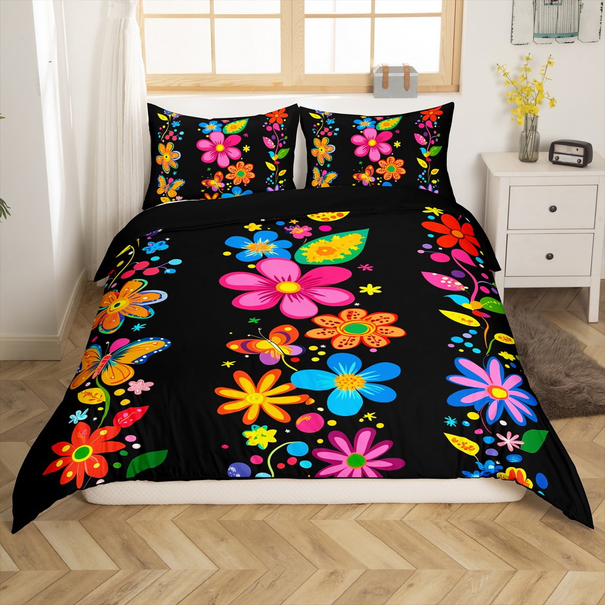 Erosebridal Butterfly Duvet Cover Queen,Groovy Flower Bedding Queen ...