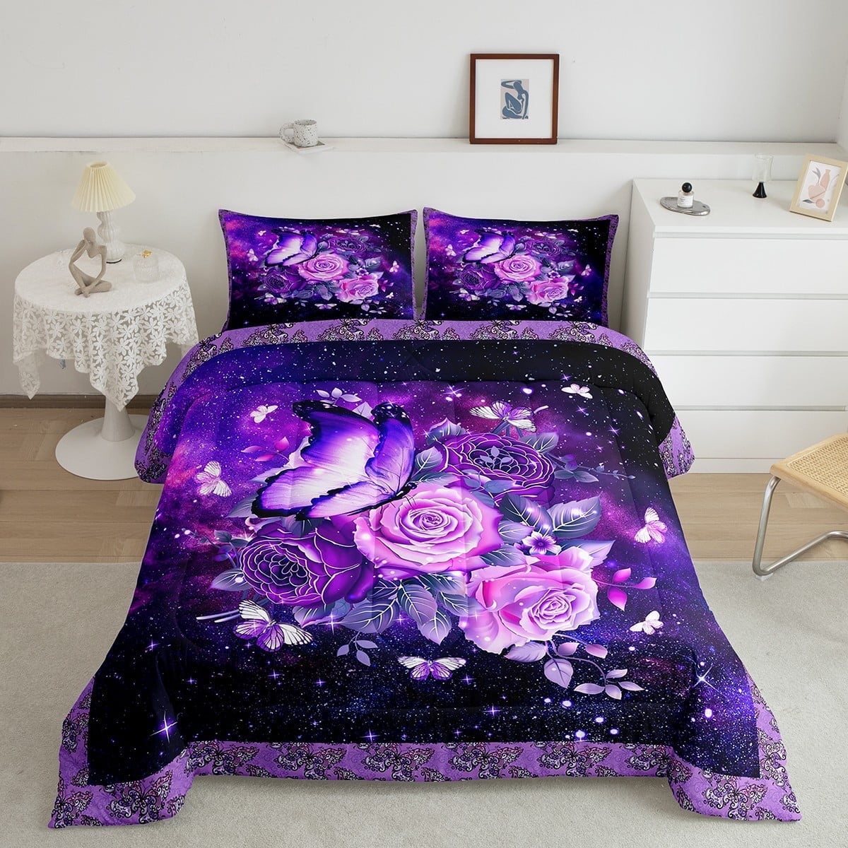 Erosebridal Butterfly King Comforter Set Women,Purple Galaxy ...