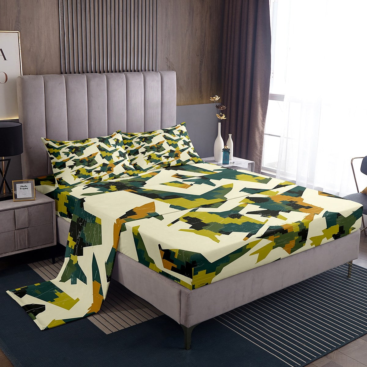Erosebridal Camo Aircraft Bed Sheets Set King Size, Yellow Green Bed ...