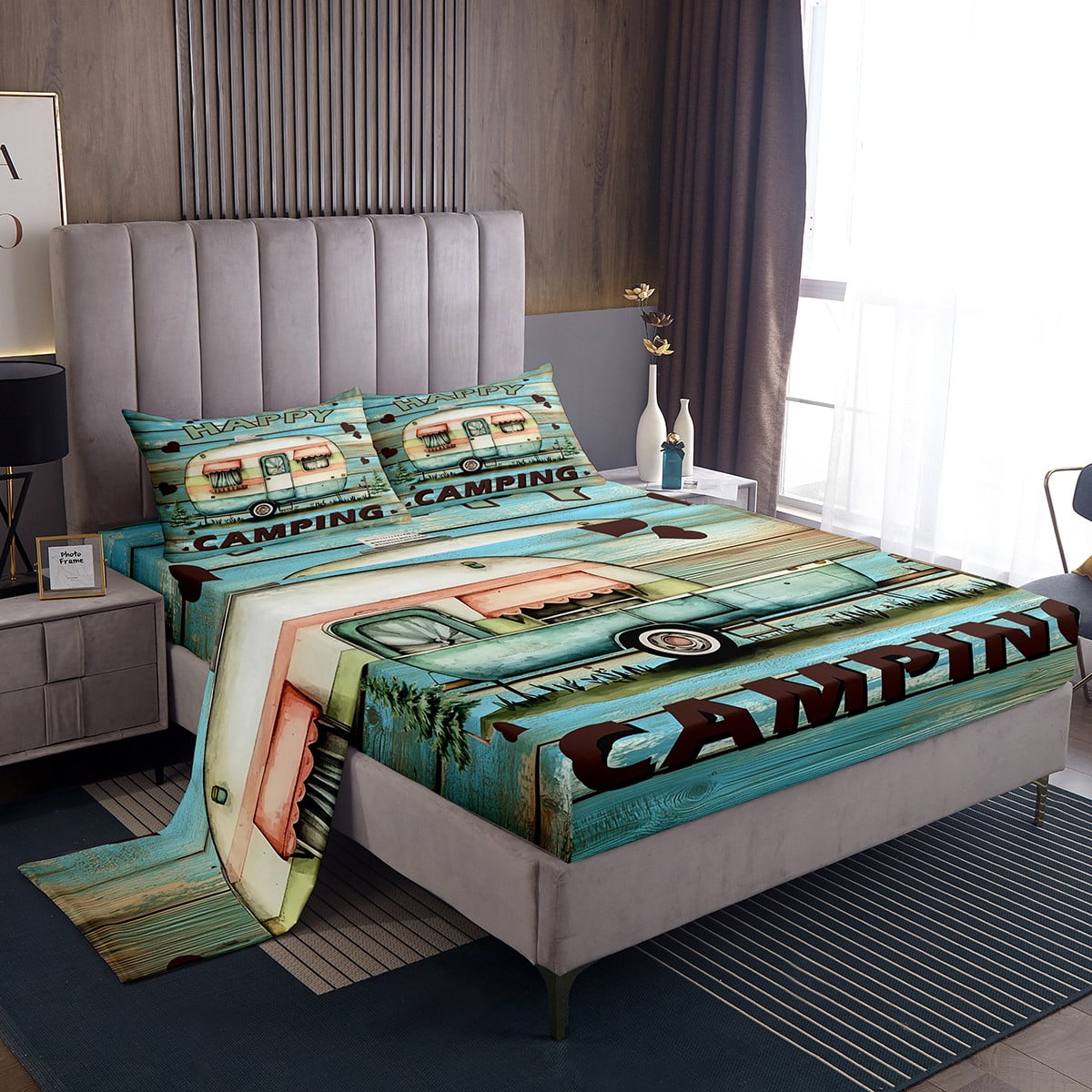 Erosebridal Camper Queen Size Sheet Set Happy Camping Bed Sheets Travel ...