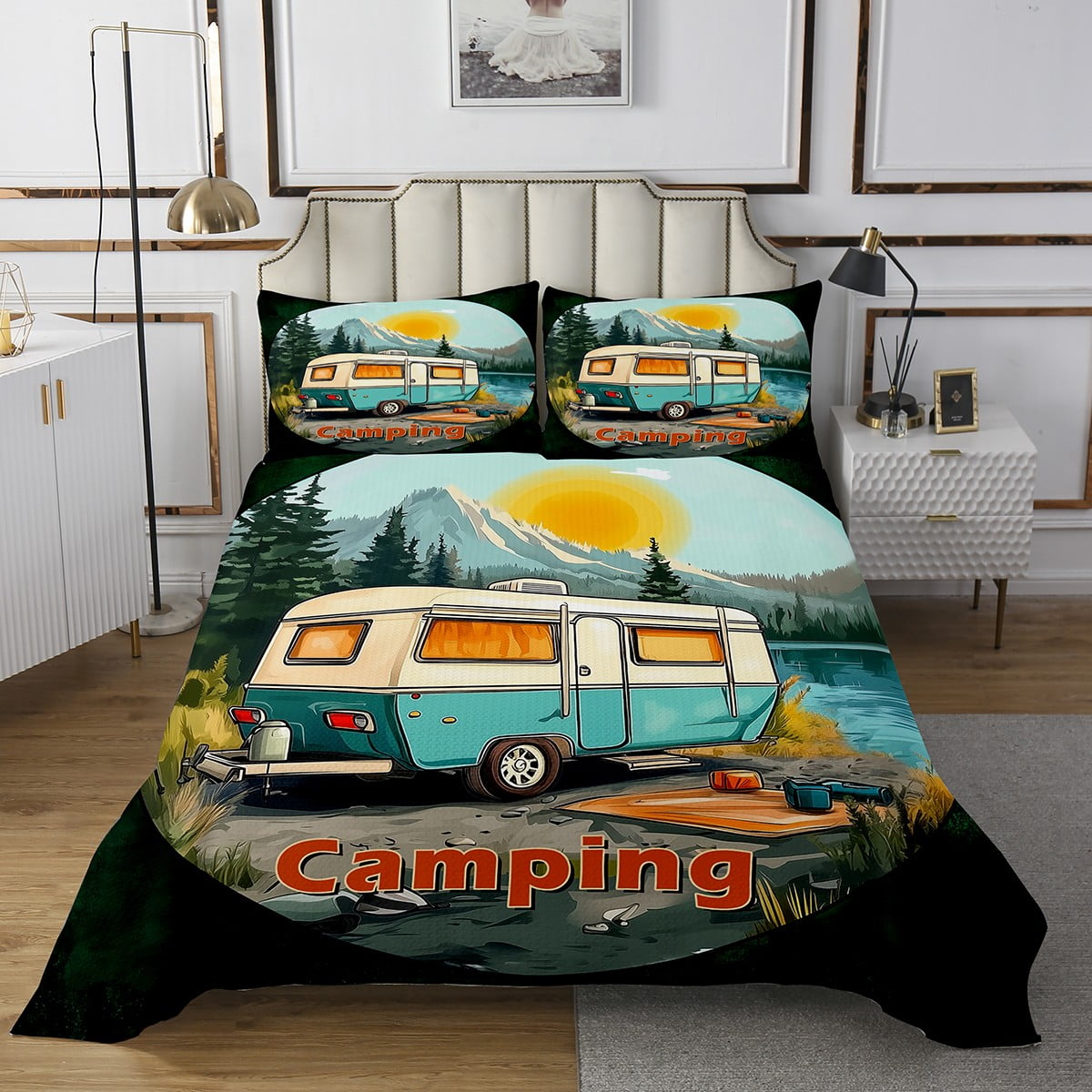 Erosebridal Camping Quilt Set Rustic Camper Bedspread Set Vehicles ...