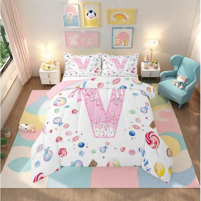 Erosebridal Candy Print Intial V Comforter Sets King Size,Dreamy Pink ...
