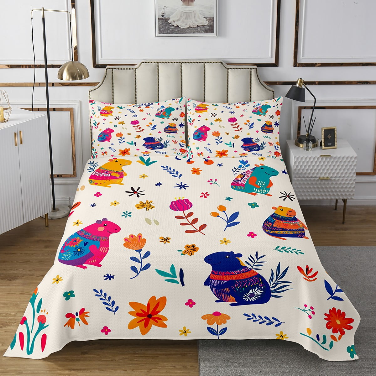 Erosebridal Capybara Bedding Twin Size,Cute Capybara Floral Bedspread ...