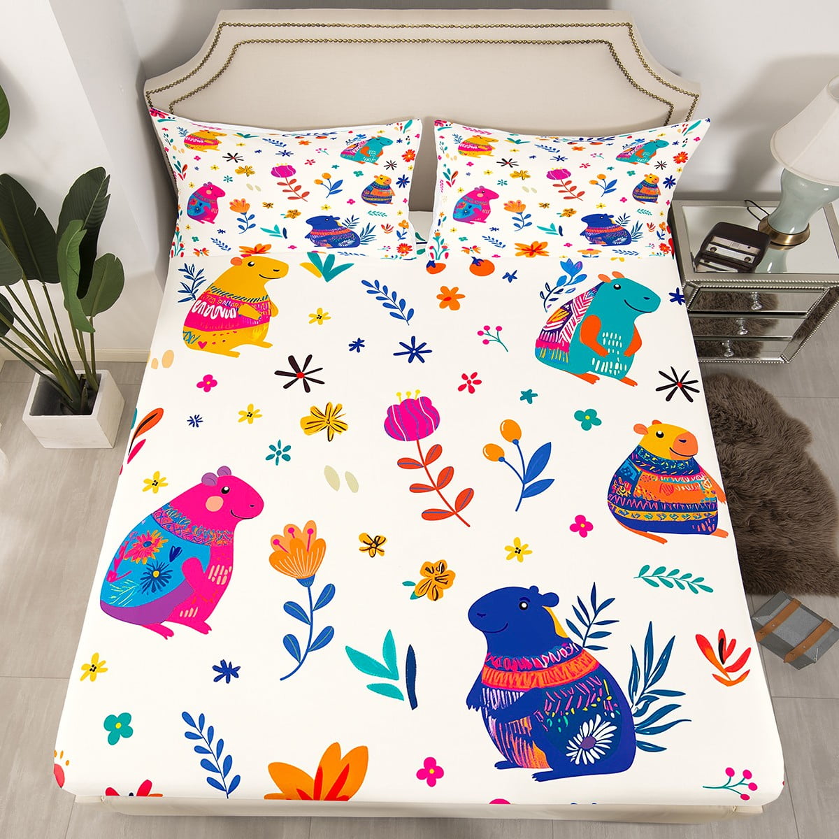 Erosebridal Capybara Bedding Twin Size,Cute Capybara Floral Fitted ...