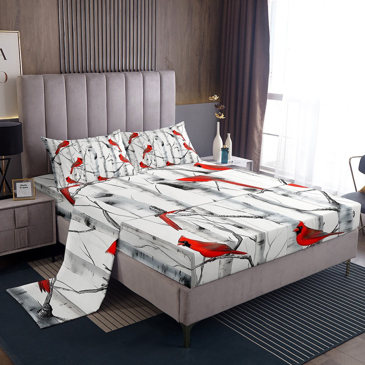 Erosebridal Cardinal Bird Bed Sheets Set Full Size, Botanical Birch ...