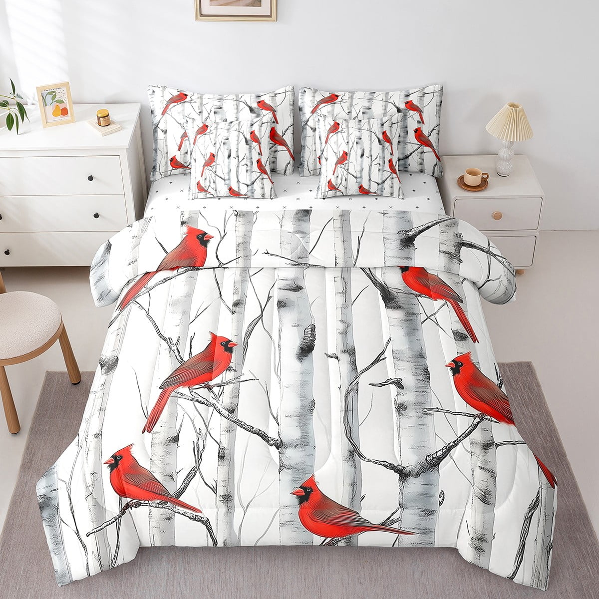 Erosebridal Cardinal Bird Bed in a Bag Queen size, Botanical Birch ...