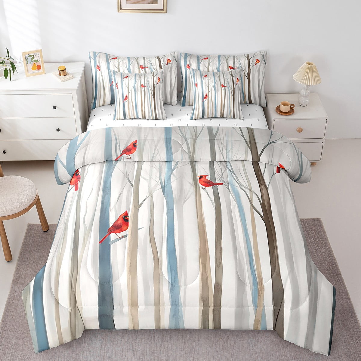 Erosebridal Cardinal Bird Bedding Sets King Size, Birch Tree Comforter ...
