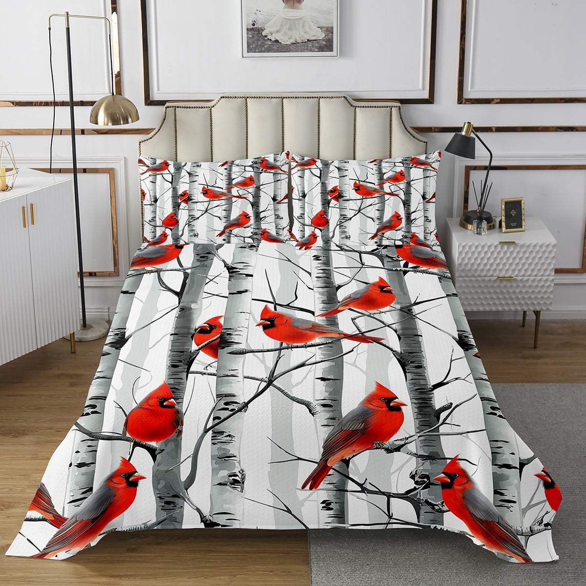 Erosebridal Cardinal Bird Coverlet Set King, Birch Branches Bedding Set ...