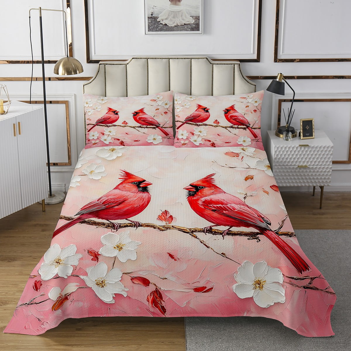 Erosebridal Cardinal Bird Coverlet Set King,Red and Pink Bedding Set ...