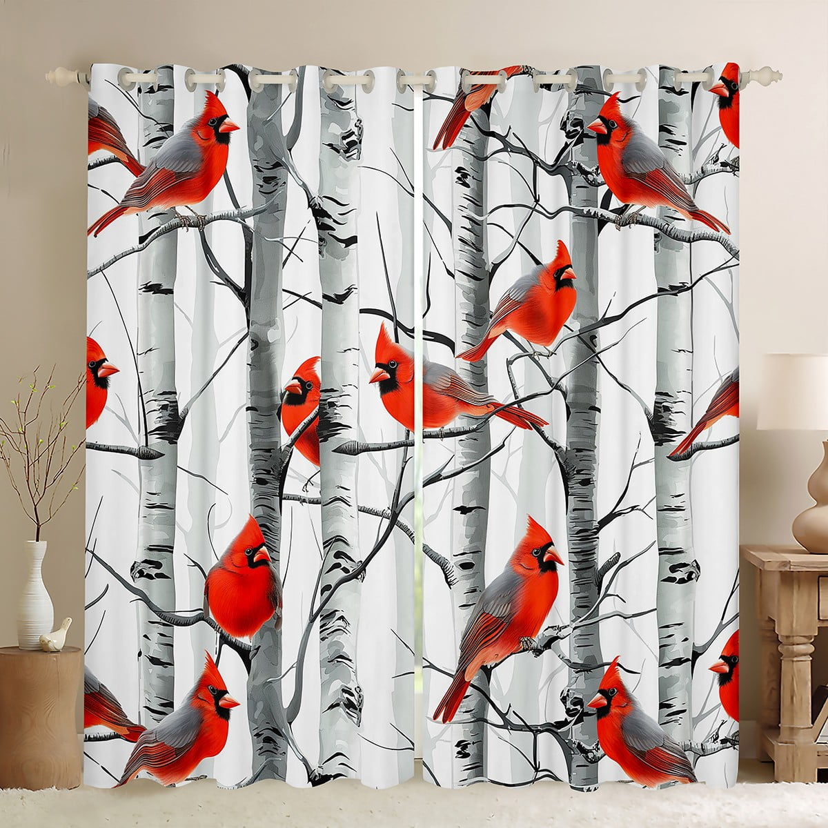 Erosebridal Cardinal Bird Curtains Pack of 2 (52x63), Birch Branches 30 ...