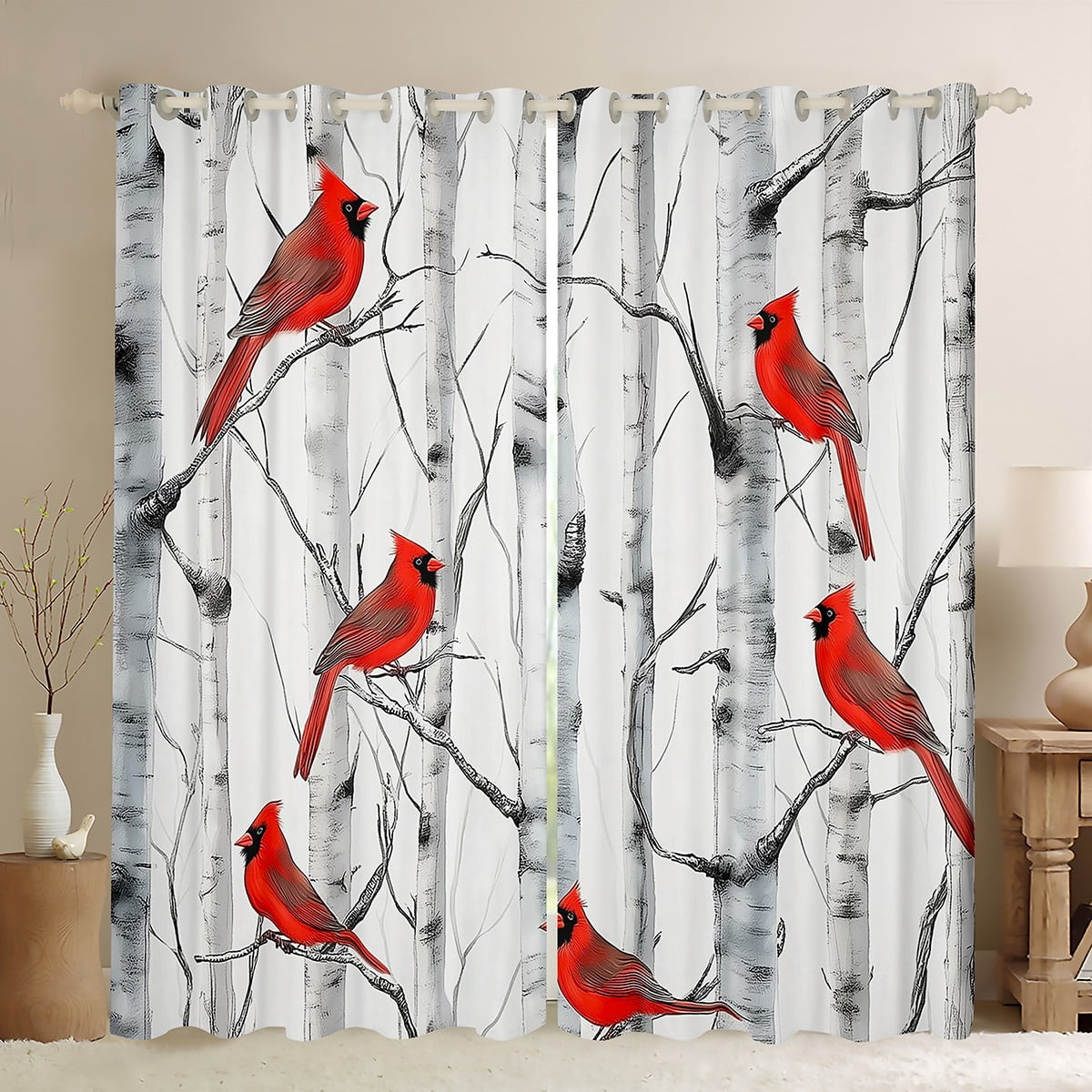 Erosebridal Cardinal Bird Curtains and Drapes (42x63), Botanical Birch ...