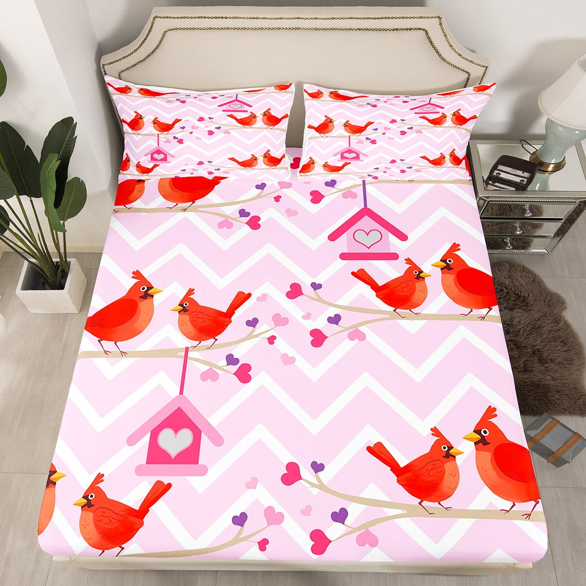 Erosebridal Cardinal Bird Fitted Sheet Set Queen, Geometric Stripe ...
