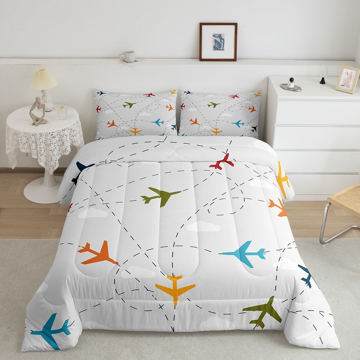Erosebridal Cartoon Airplane Bedding King Comforter Set, Geometric Line ...