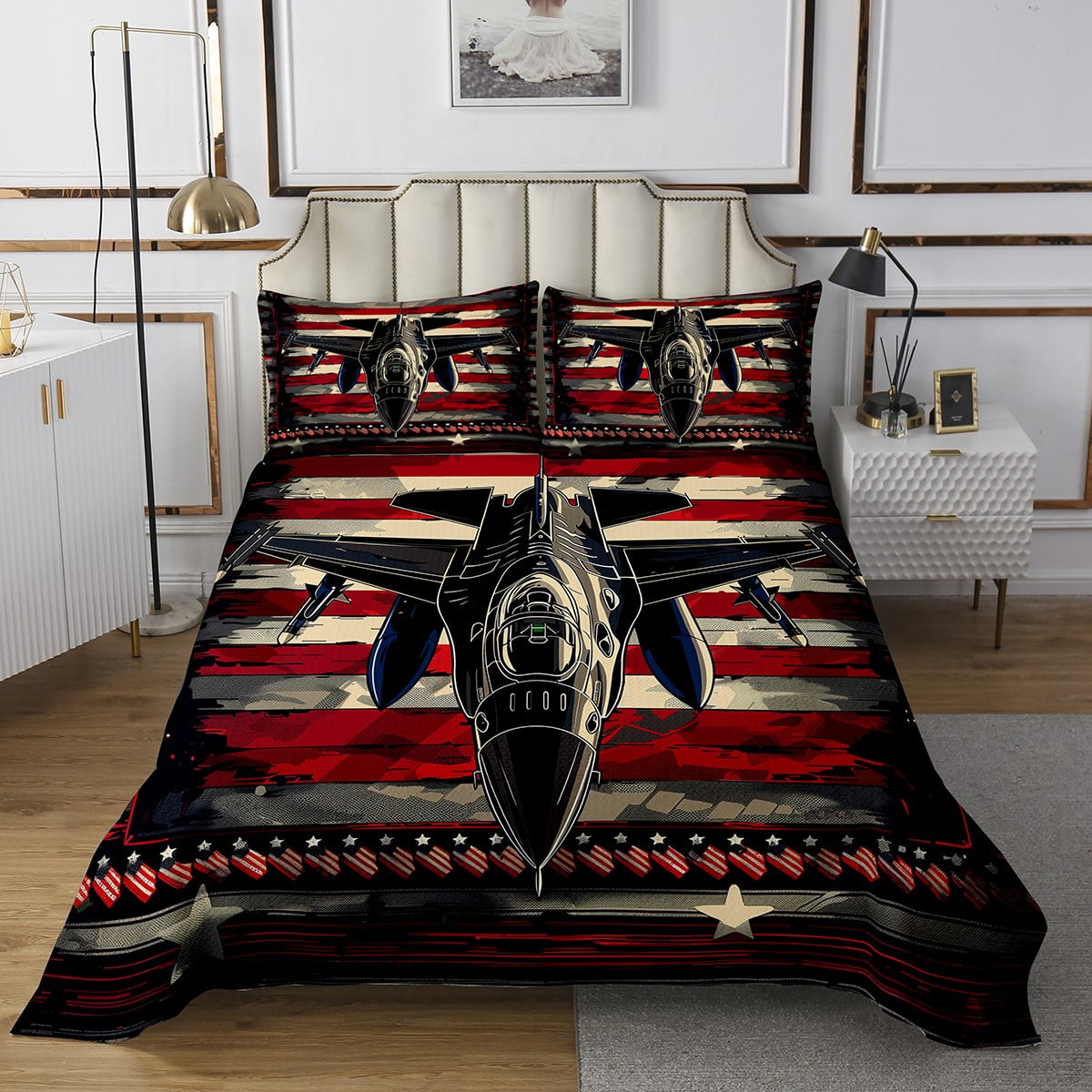 Erosebridal Cartoon Airplane Coverlet Set Queen, Army Fighter Jet ...