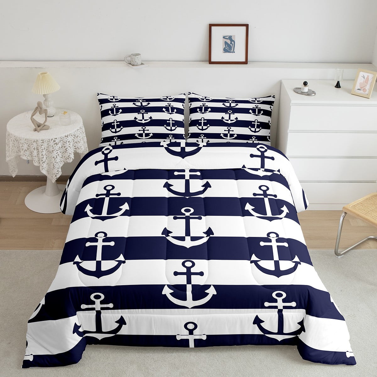 Erosebridal Cartoon Anchor Bedding Queen Comforter Set, Ocean Wave Down ...