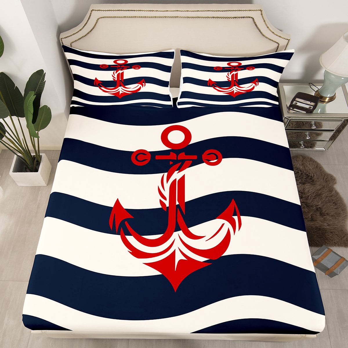 Erosebridal Cartoon Anchor Fitted Sheet Queen, Blue Stripes Bedding Set ...