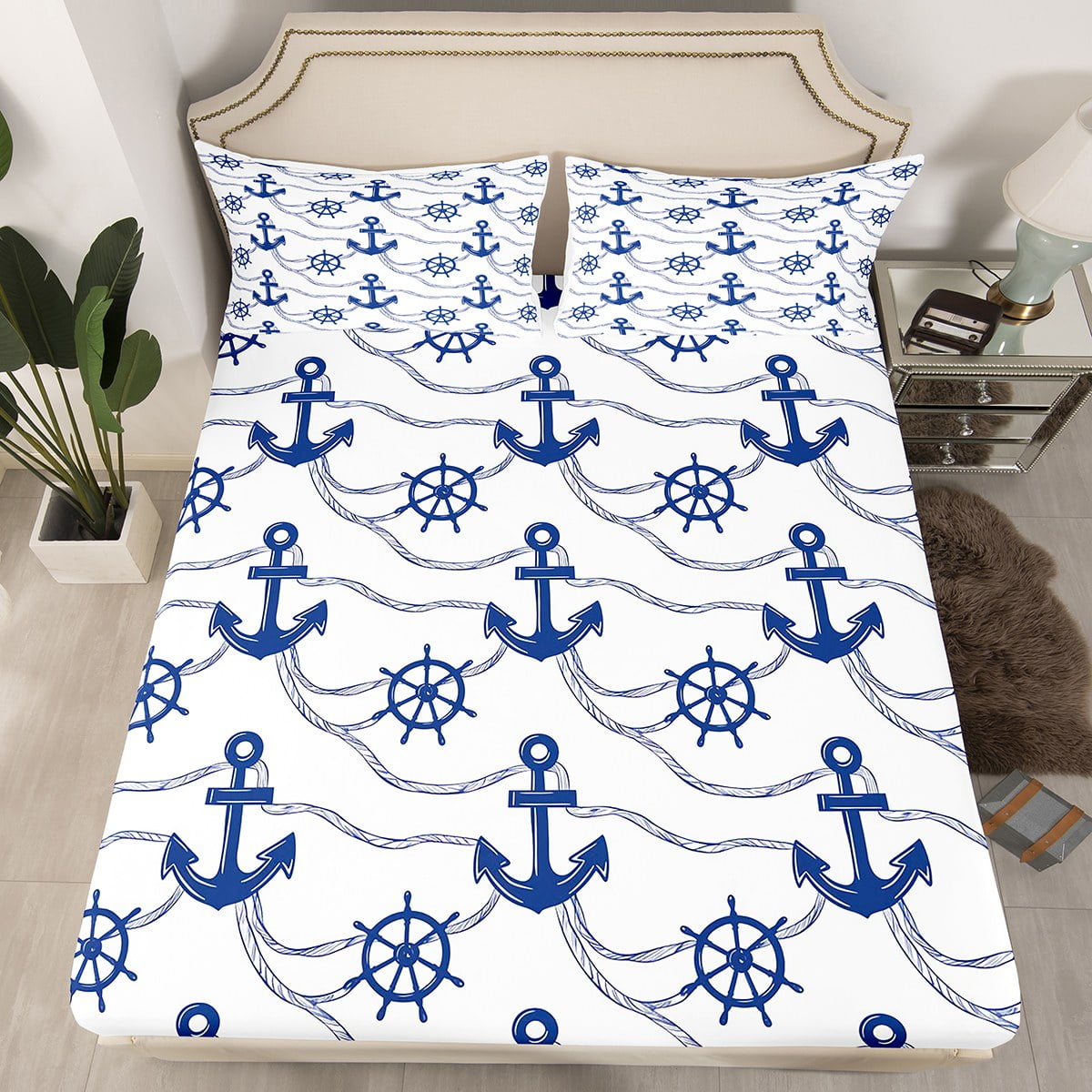 Erosebridal Cartoon Anchor Fitted Sheet Set Twin, Geometric Line ...
