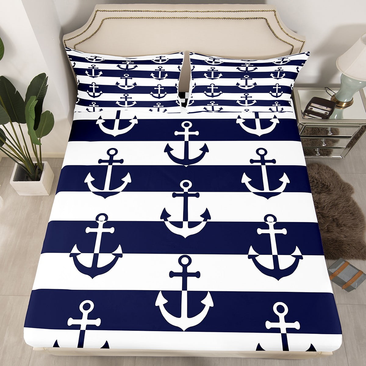 Erosebridal Cartoon Anchor Fitted Sheet Twin, Ocean Wave Fitted Sheet ...