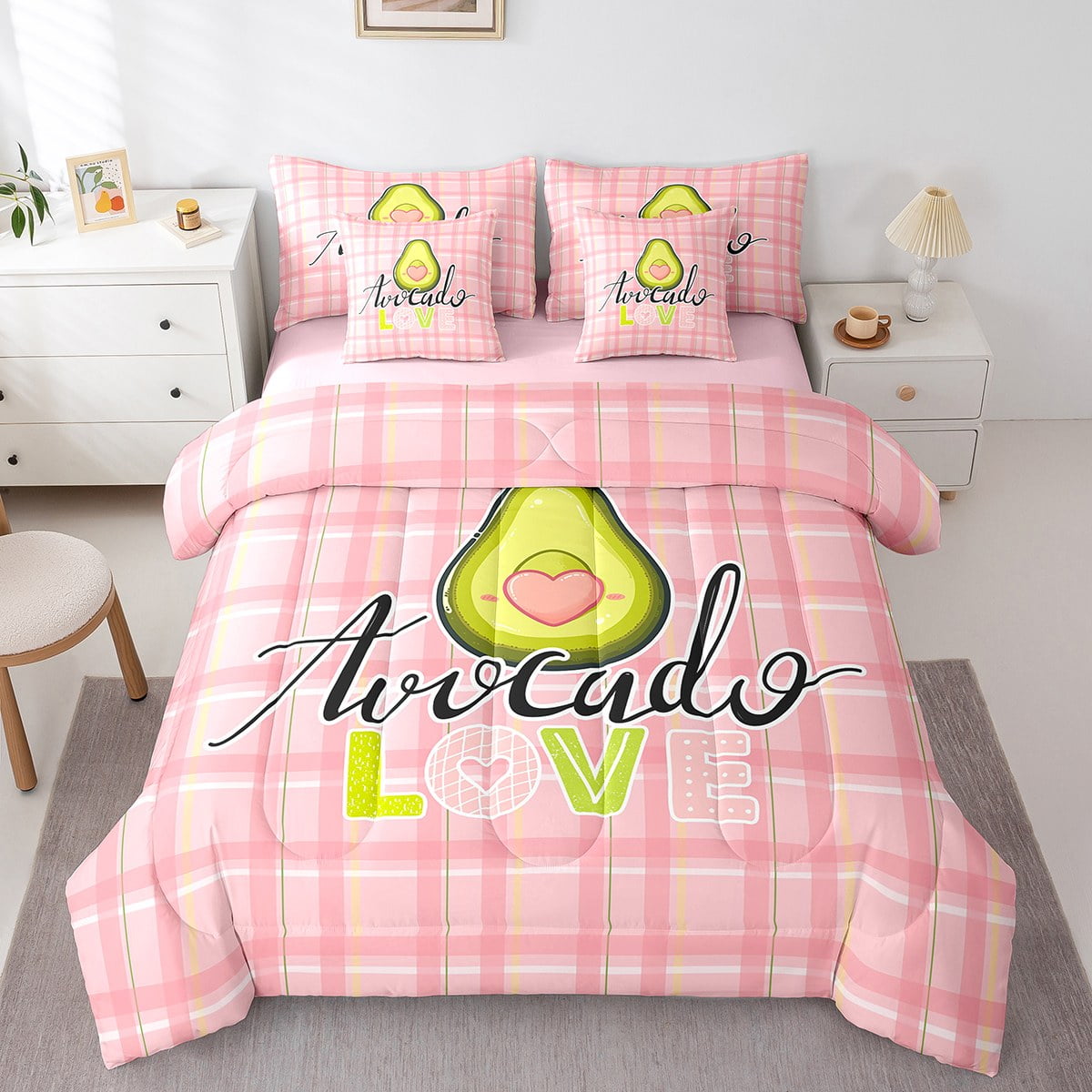 Erosebridal Cartoon Avocado Bedding Sets King Size, Pink Plaid ...