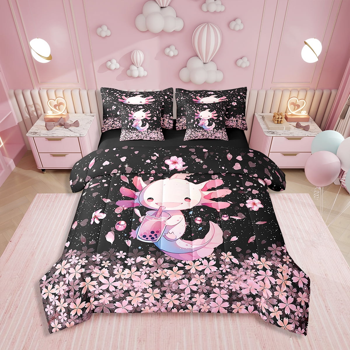 Erosebridal Cartoon Axolotl 7 Piece Bedding Set Pink Cute Axolotl Eat ...