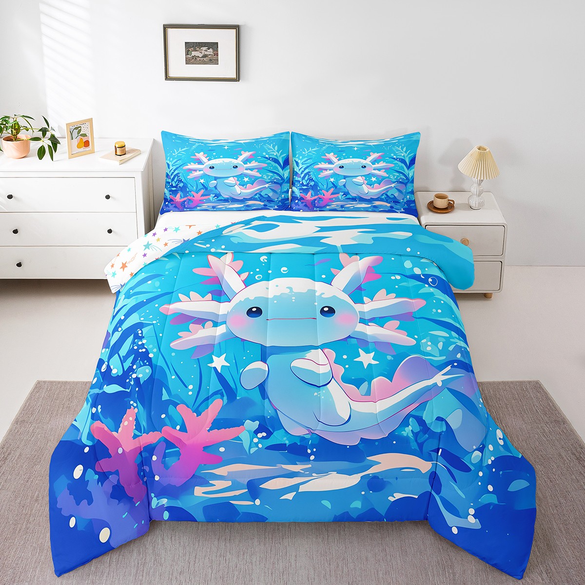 Erosebridal Cartoon Axolotl Bedding Set For Kids Bedroom Decor,Cute ...